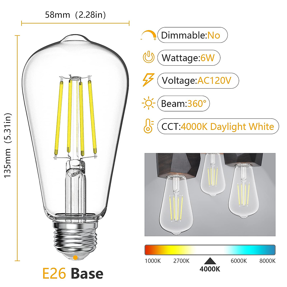 VOOSEI Daylight Bulbs 4000K LED E26 60W, 6W Equivalent to 60W Edison High Brightness ST58 Antique Non-Dimmable Filament Bulbs Clear Glass Pack of 6
