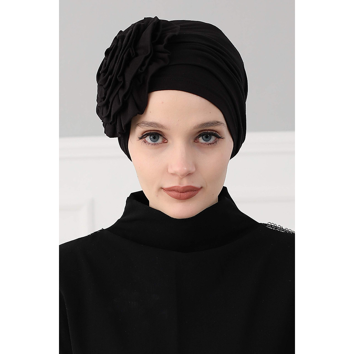 Aisha's Design Instant Turban Head Wraps For Women, 95% Cotton Pretied Hijab Scarves, Rose Detail, Black