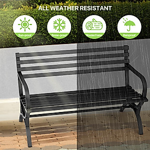 Magshion Metal Garden Bench for Outdoors, 2-Person Slatted Garden Bench with Armrest and Backrest, 485 lbs Capacity, Black