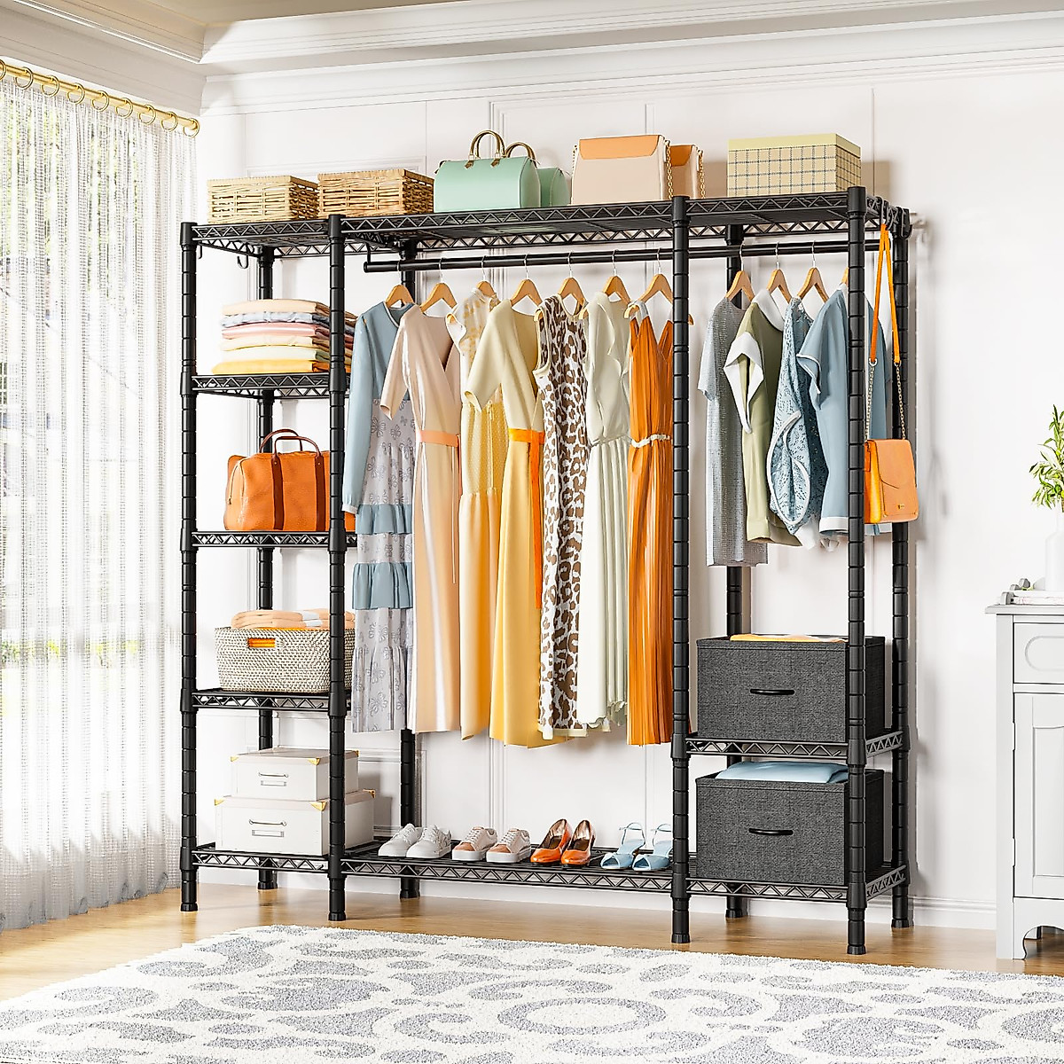 Ulif E6 Heavy-Duty Garment Rack, 5 Tiers Freestanding Clothes Rack with Fabric Drawers, Metal Clothing Wardrobe System Load 670 LBS, 58.6" W x 14.5" D x 71.6" H, Black