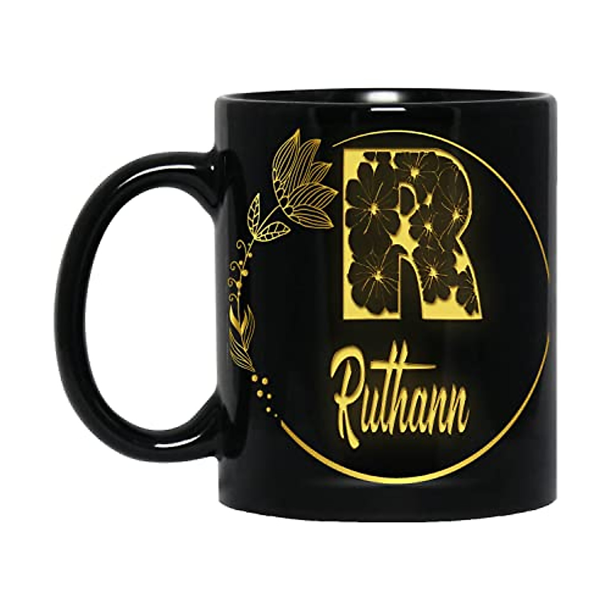 Coffee Mug Personalized Ruthann Name & Initial Letter Monogram Floral Alphabet Mug Golden Flowers Custom Black Coffee Cup, Gift for Her Mom Coworker Sister, Wife, Girl 11oz Black Mug 486160