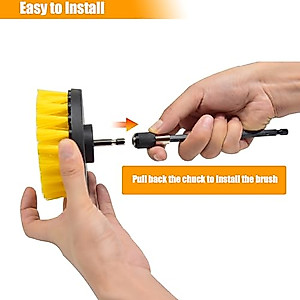 Drill Brush Attachment Set, 6Pcs 1/4in Drill Scrubber Brush with Extend Long Attachment, Power Scrubber Brush Kit for CleaningTub, Sink, Tile, Carpet, Floor, Tile Grout (Yellow)