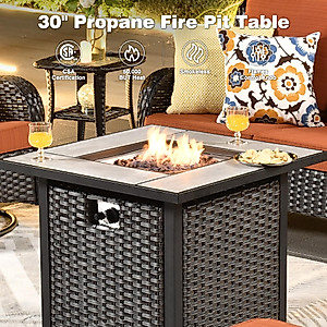 ovios 6 Pieces Patio Furniture Set with 30" Fire Pit Table, Outdoor Wicker Sofa with Ottomans, Comfy Cushions, High Back Couch Conversation Set, Brown Rattan, Orange Red