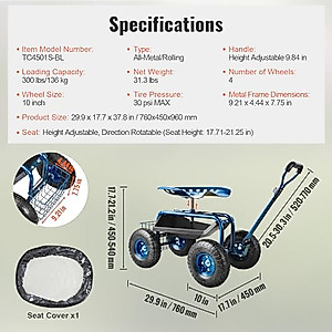 VEVOR Rolling Garden Work Seat with Wheels, Gardening Stool for Planting, 360 Degree Swivel Seat, Garden Scooter with Steering Handle & Tool Tray, Garden Chair for Outdoor, Patio and Yard, Blue