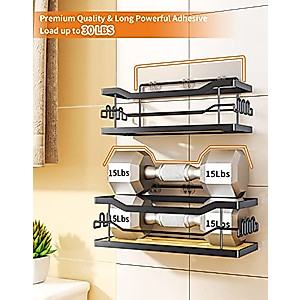 SWTYMIKI Natural Bamboo Shower Caddy Organizer, 2 Pack Shower Shelf with 12 Hooks,Rustproof & Waterproof Shower Rack,Stainless Steel No Drilling Bathroom Shower Organizer for Bathroom,Kitchen - Black