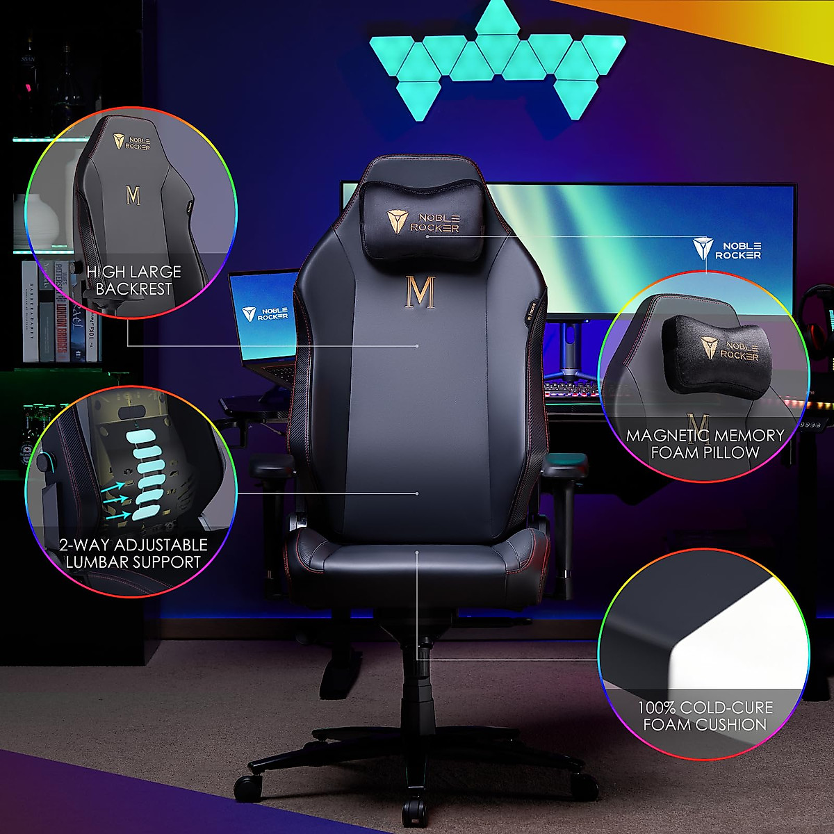 Noblerocker Gaming Chair Ergonomic PC Game Chair- Lumbar Support Headrest 4D Armrests Computer Chair, Big and Tall Comfortable Large, Rolling, Ergonomic, Cushion Availability, Metal, Black