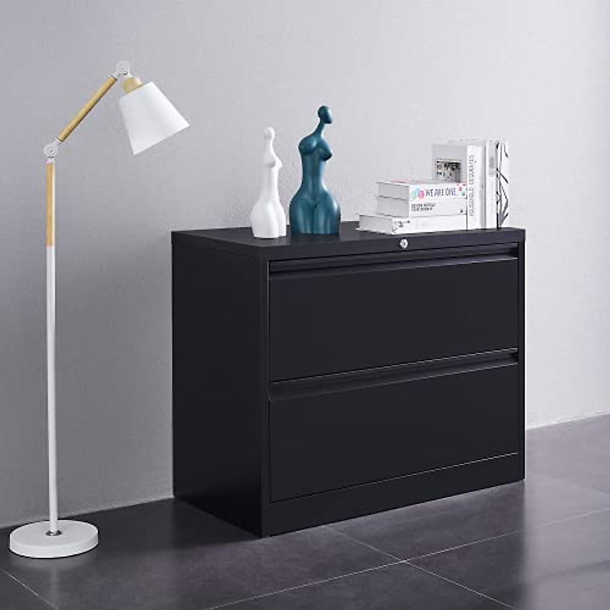 VINGLI Wide Lateral 2 Drawer File Cabinet with Lock, Metal File Cabinets for Home Office, Black File Cabinet Printer Stand for Hanging Letter/Legal Size File Folders with Tabs, Easy Assembly Required