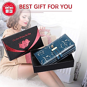 HUANLANG Women Wallets Large Ladies Leather Wallet with Coin Pocket RFID Wallet Organizer for Women with Wrist Strap (Blue Leaf)