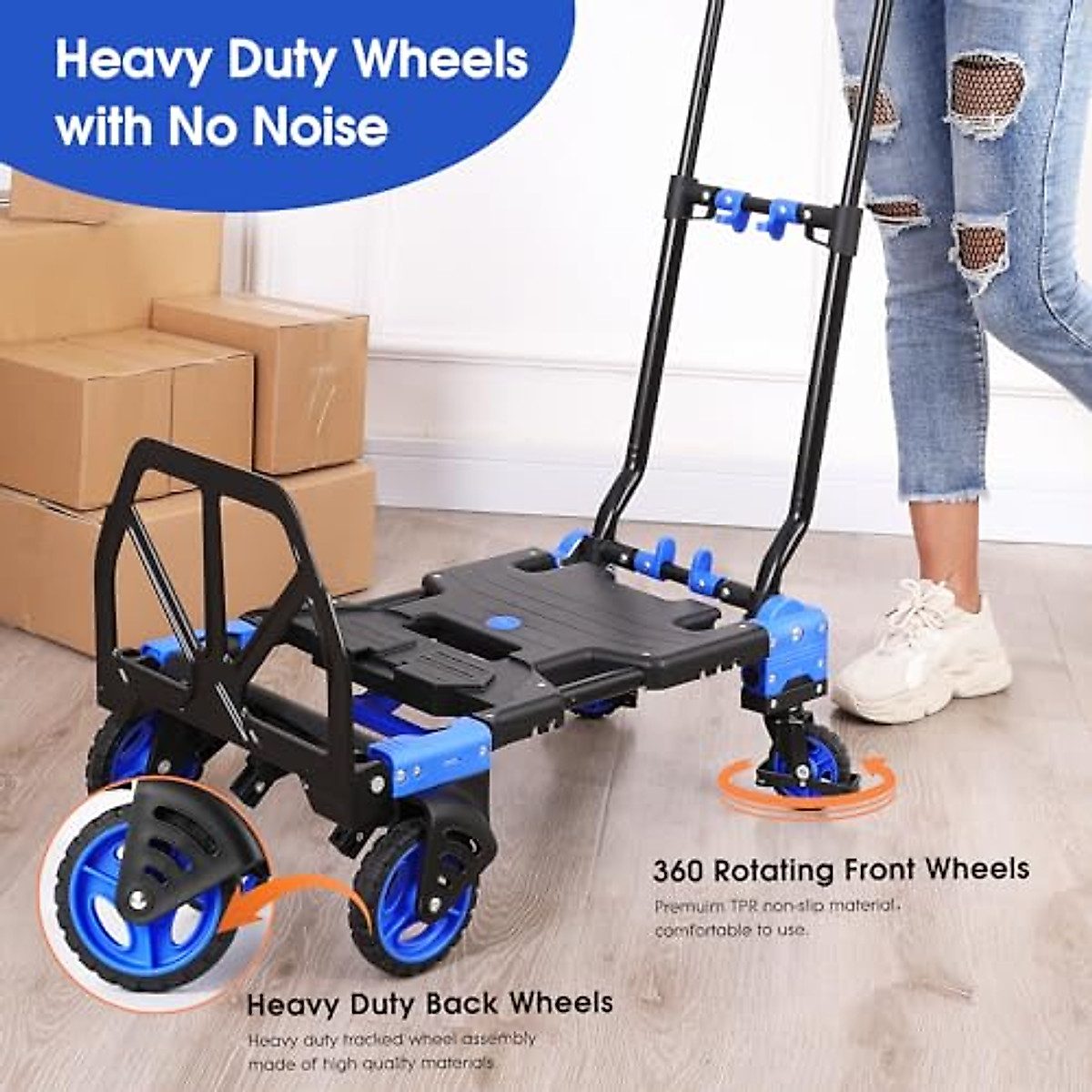 HIYATEE Heavy Duty Folding Hand Truck, 330lbs Portable Dolly Cart Retractable Handle,Foldable 2 in 1 Hand Truck Push Cart Dolly with 4 Wheels, Suitable for Home/Office/Travel/Warehouse/Market/Handling