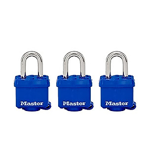 Master Lock 312TRI Laminated Padlock with Key & Thermoplastic Shell, Blue, Pack of 3 Keyed-Alike