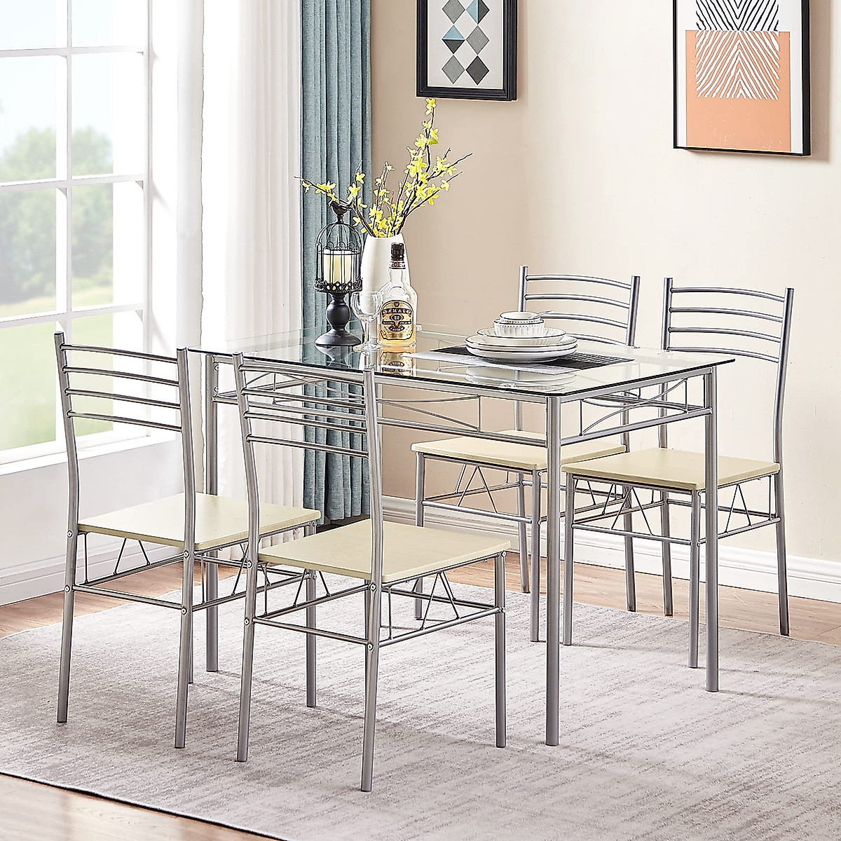 VECELO Dining Table with 4 Chairs [4 Placemats Included-] Silver X-Large