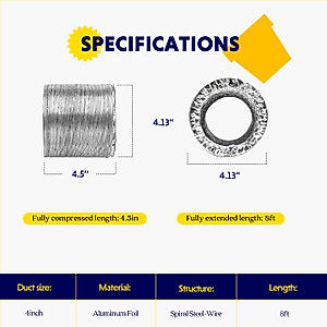 iPower GLDUCT4X8C 4 inch 8 feet Non-Insulated Flex Air Aluminum Foil Ducting Dryer Vent Hose for HVAC Ventilation with 2 Clamps, 4'' X 8', Silver