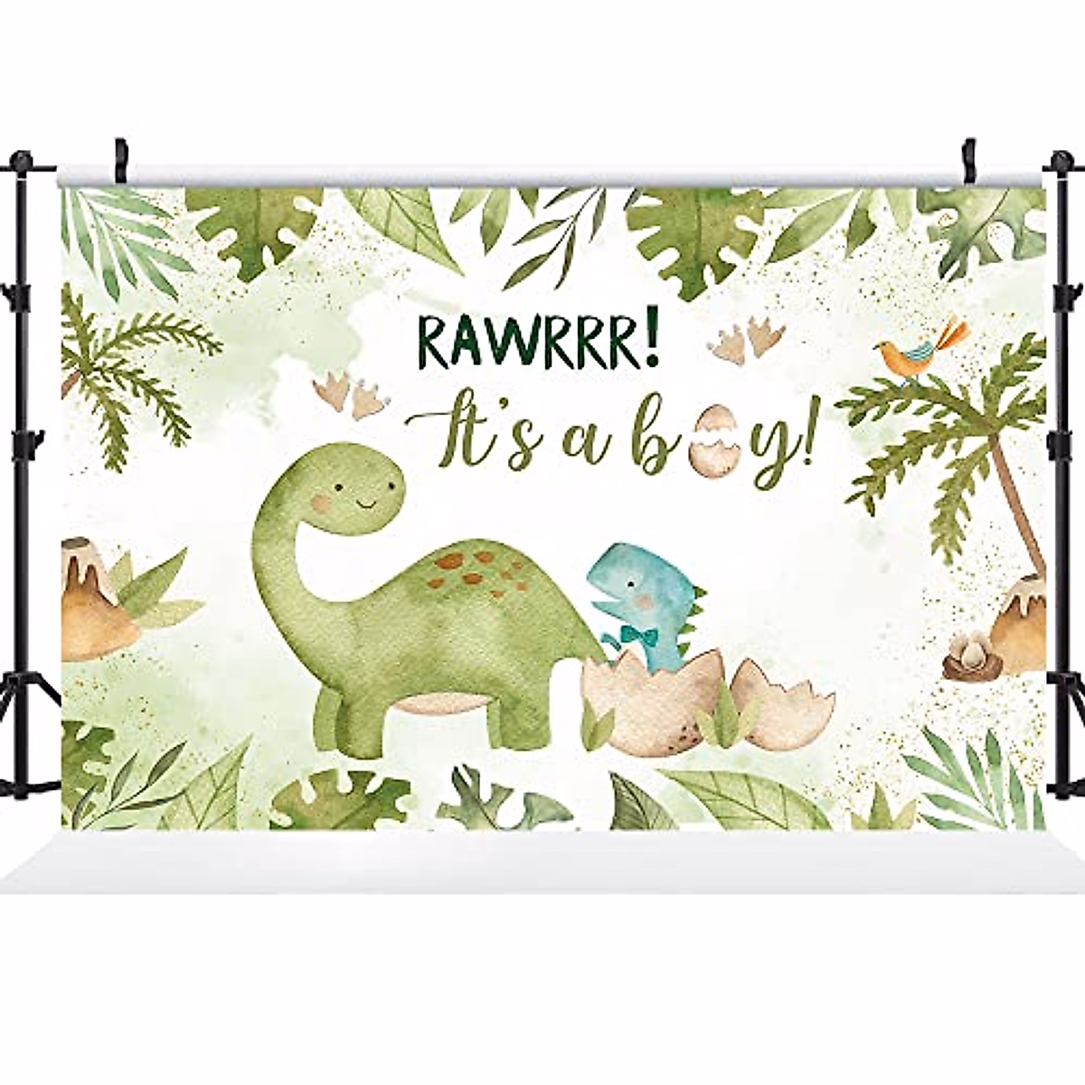 Hilioens 5×3ft Dinosaur Baby Shower Backdrop It's A Boy Newborn Green Leaf Dinosaur Egg Party Decorations Banner Cartoon Dinosaur Supplies Background Cake Table Supplies