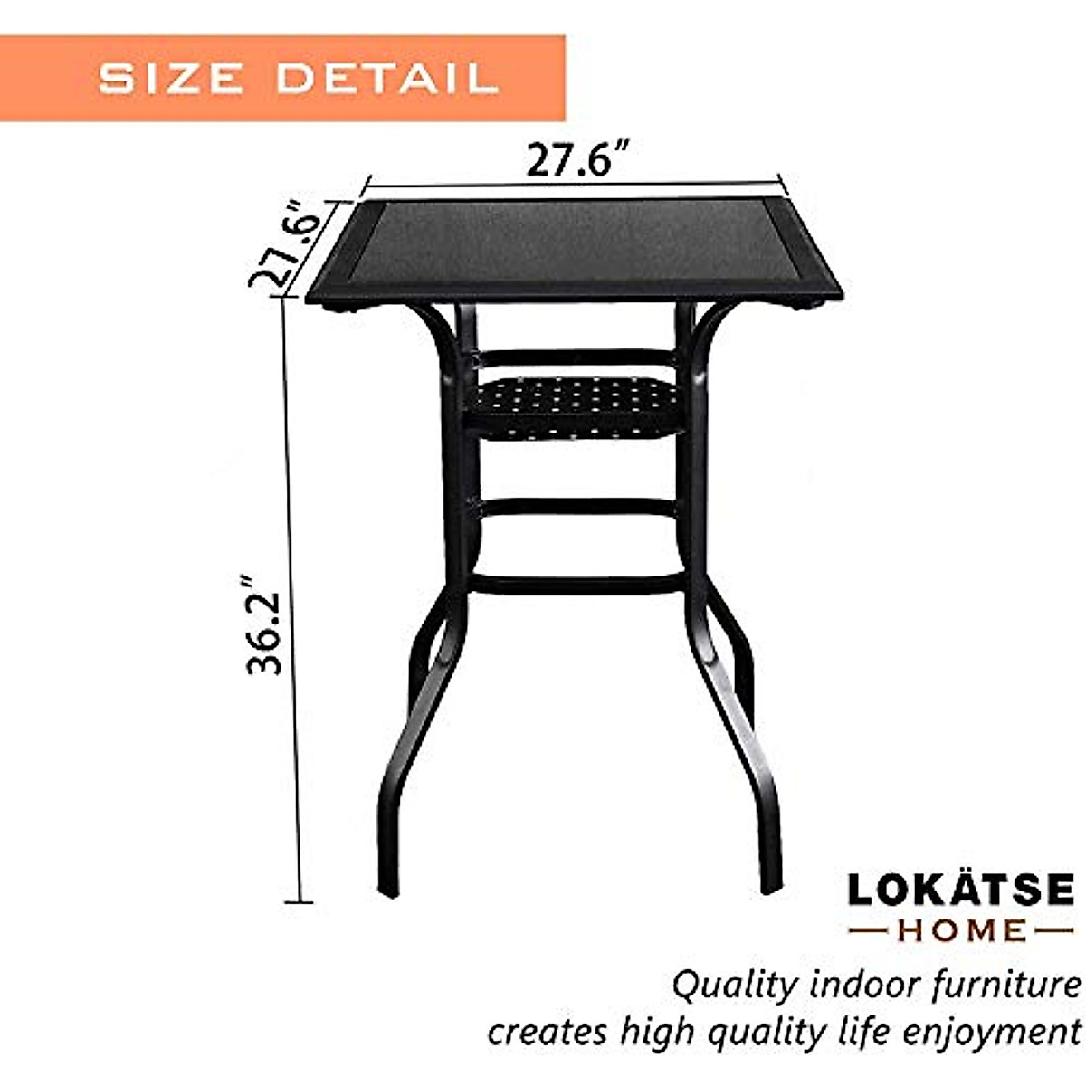 LOKATSE HOME High Outdoor Patio Bar Height Glass Top Table, Black