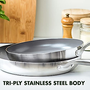 GreenPan Chatham Tri-Ply Stainless Steel Healthy Ceramic Nonstick 10" and 12" Frying Pan Skillet 2-Piece Set, PFAS-Free, Multi Clad, Induction, Dishwasher Safe, Oven Safe, Silver
