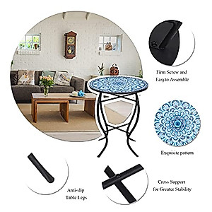 VCUTEKA Mosaic Outdoor Side Table, 14" Round Small Patio Accent Table Indoor End Table for Yard, Garden, Living Room, Bistro Balcony or Lawn Blue