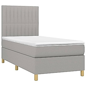 vidaXL Light Gray Twin XL Fabric Box Spring Bed with Mattress - Solid Larch Wood Constructed Frame - California Proposition 65 Compliant