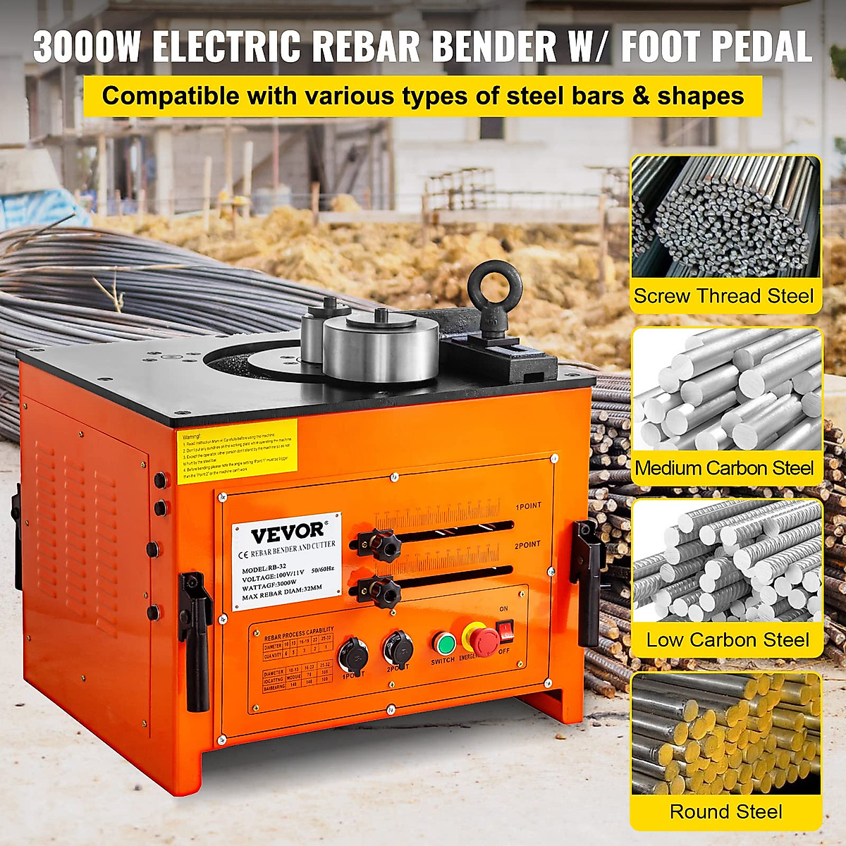 VEVOR Hydraulic Rebar Bender, 3000 Wattage Electric Rebar Bender, 1-1/4'' / 32 mm #10 Grade 60 Max Rebar Diameter, Rebar Steel Bender Machine, Bending Machine for Bending Rebar, Steel Bar, Steel Rod