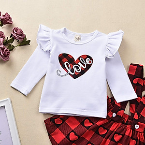 Toddler Baby Girls Valentines Day Outfits Suspender Skirt Striped Plaid Love Heart Clothes (Red, 6-12 Months)