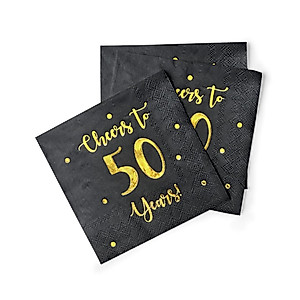 Cheers to 50 Years Cocktail Napkins | Happy 50th Birthday Decorations for Men and Women and Wedding Anniversary Party Decorations | 50-Pack 3-Ply Napkins | 5 x 5 inch folded (Black)