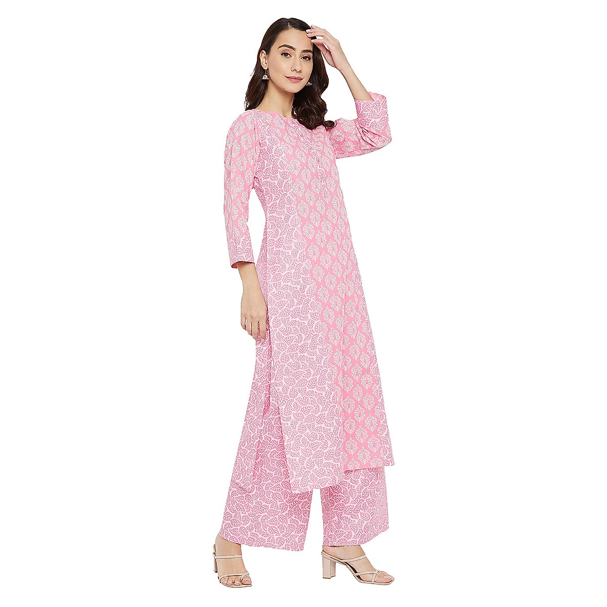 Tissu Women's Cotton Pink Floral Printed Straight Kurta with Palazzo (Tis-609_Pink_S)