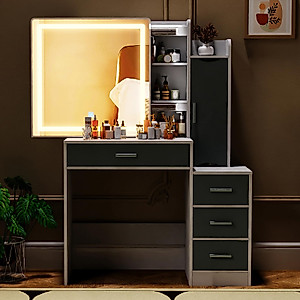 usikey Makeup Vanity Desk, Makeup Vanity Table with Sliding LED Lighted Mirror, Vanity Table with 4 Drawers & Cabinet, 3 Lighting Modes & Brightness Adjustable, Bedroom Dressing Table, White and Grey