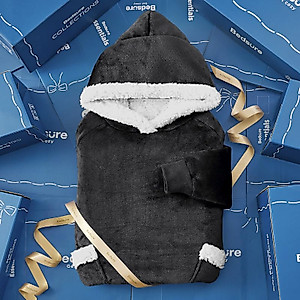 Bedsure Wearable Blanket Hoodie Women - Long Sherpa Warm Cozy Hooded Blanket Sweatshirt for Adult Gifts for Women Men, Standard, Charcoal