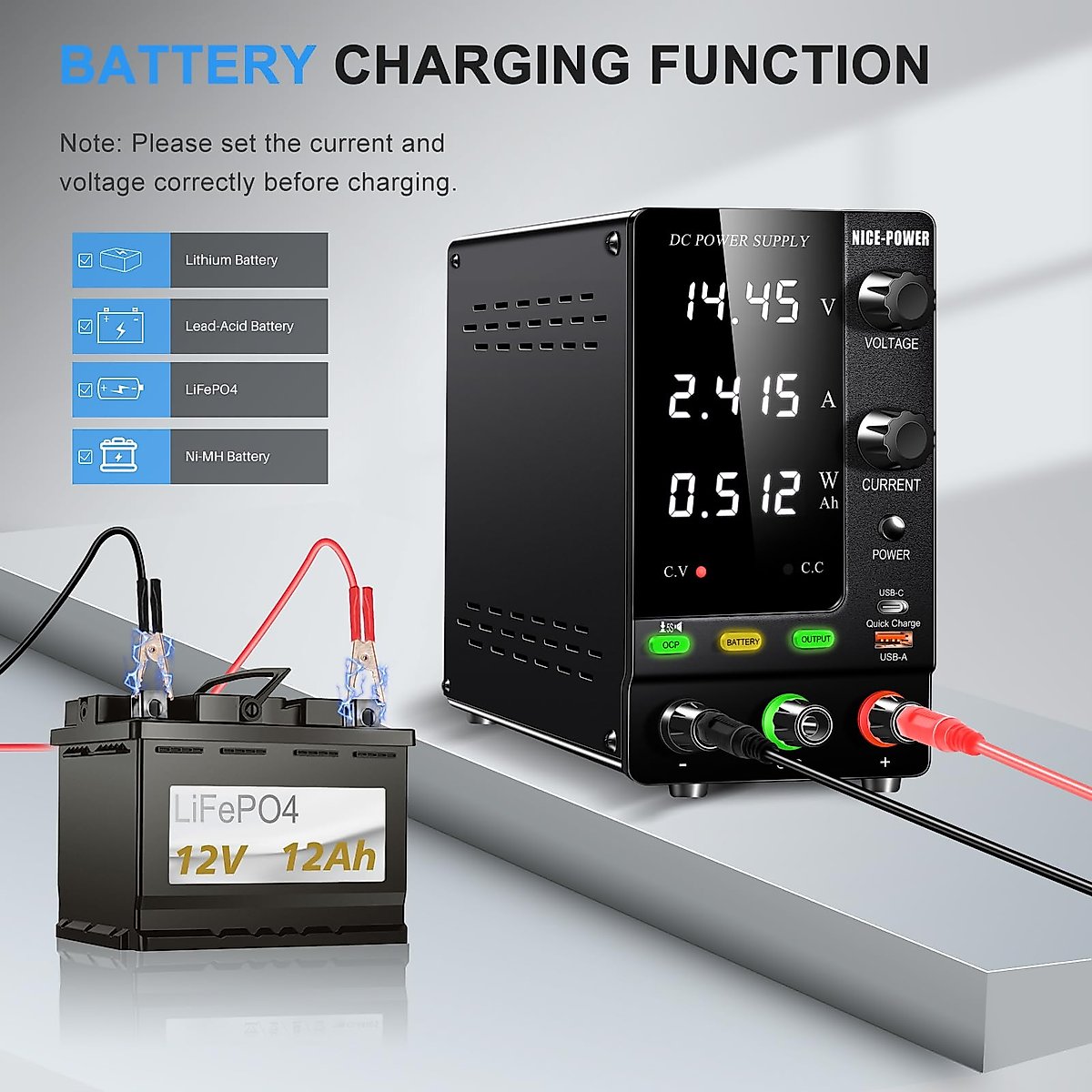NICE-POWER DC Power Supply Variable 30V 10A, 300W Encoder Adjustable 6V 12V 24V LiFePO4 Lithium Ion etc. Battery Charger Regulated Lab Bench Power Supply Output Switch/OCP Function/Quick Charge Port