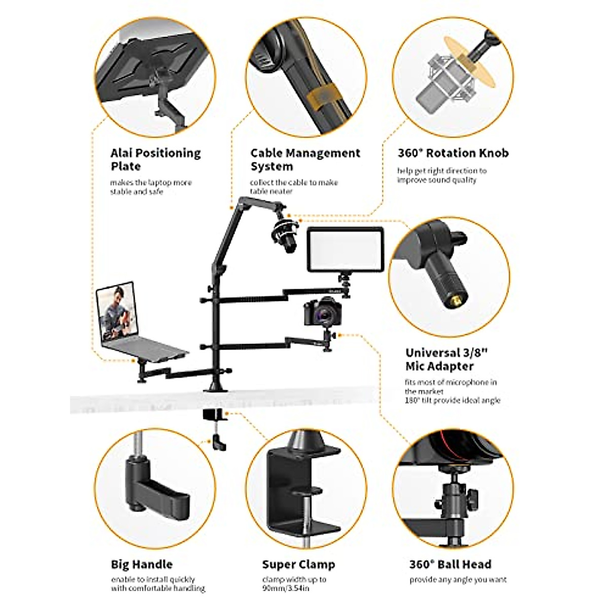 Home Stream Camera Desk Mount - LS21 Desktop Overhead Camera Mount Flexible Microphone Boom Arm + Laptop Stand Mount + 2 Extension Magic Arm for Webcam DSLR Ring Light Laptop Mic