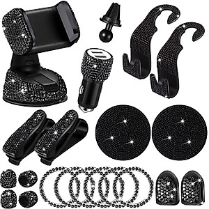 Tallew 20 Pcs Bling Car Accessories for Women, Rhinestone Car Accessories Set, Bling Car Phone Holder Mount, Bling Dual USB Car Adapter, Bling Car, Bling Glasses Holders(Black)