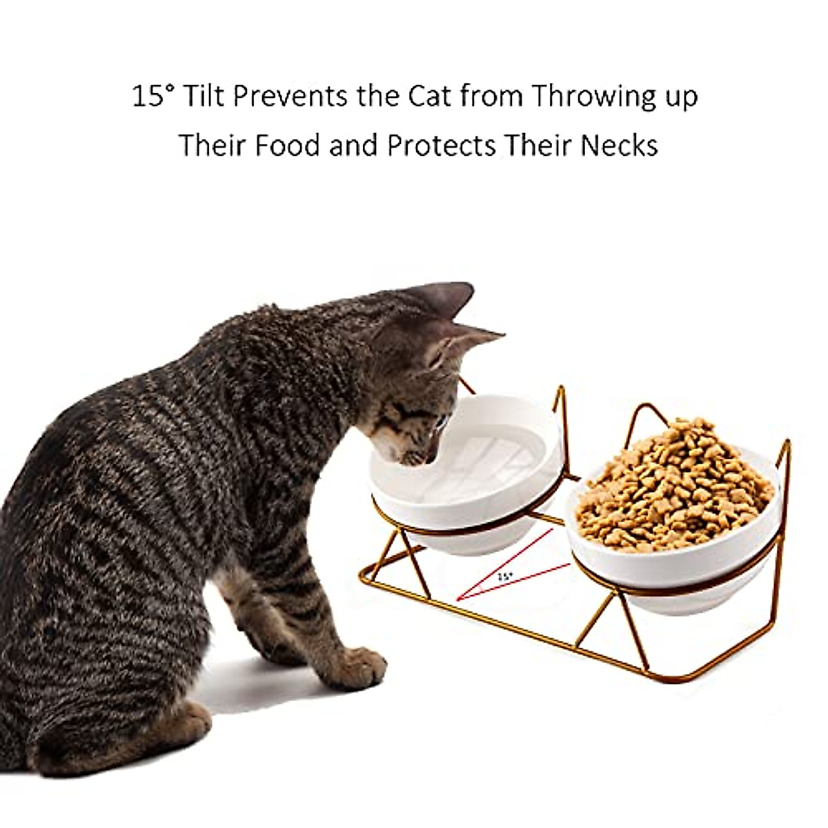 Trosetry Cat Bowls, Double Ceramic Pet Bowls with 15°Tilted Raised Stand for Food and Water, Anti Vomiting Cat Dish Feeder, Perfect for Puppy Cats and Small Dogs(Double Bowls1)