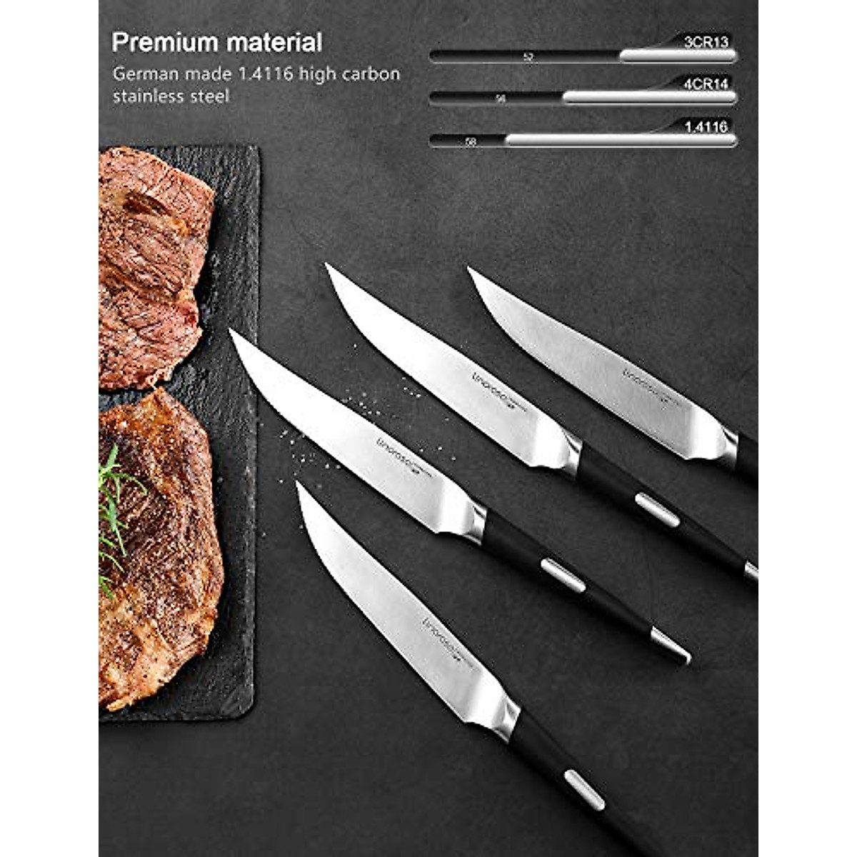 Linoroso Steak Knives, Semi Serrated Steak Knife Set of 4, Sharp Forged German Stainless Steel Steak Knives Set with Exquisite Beech Wood Block, Full Tang, Ergonomic Handle- MAKO Series