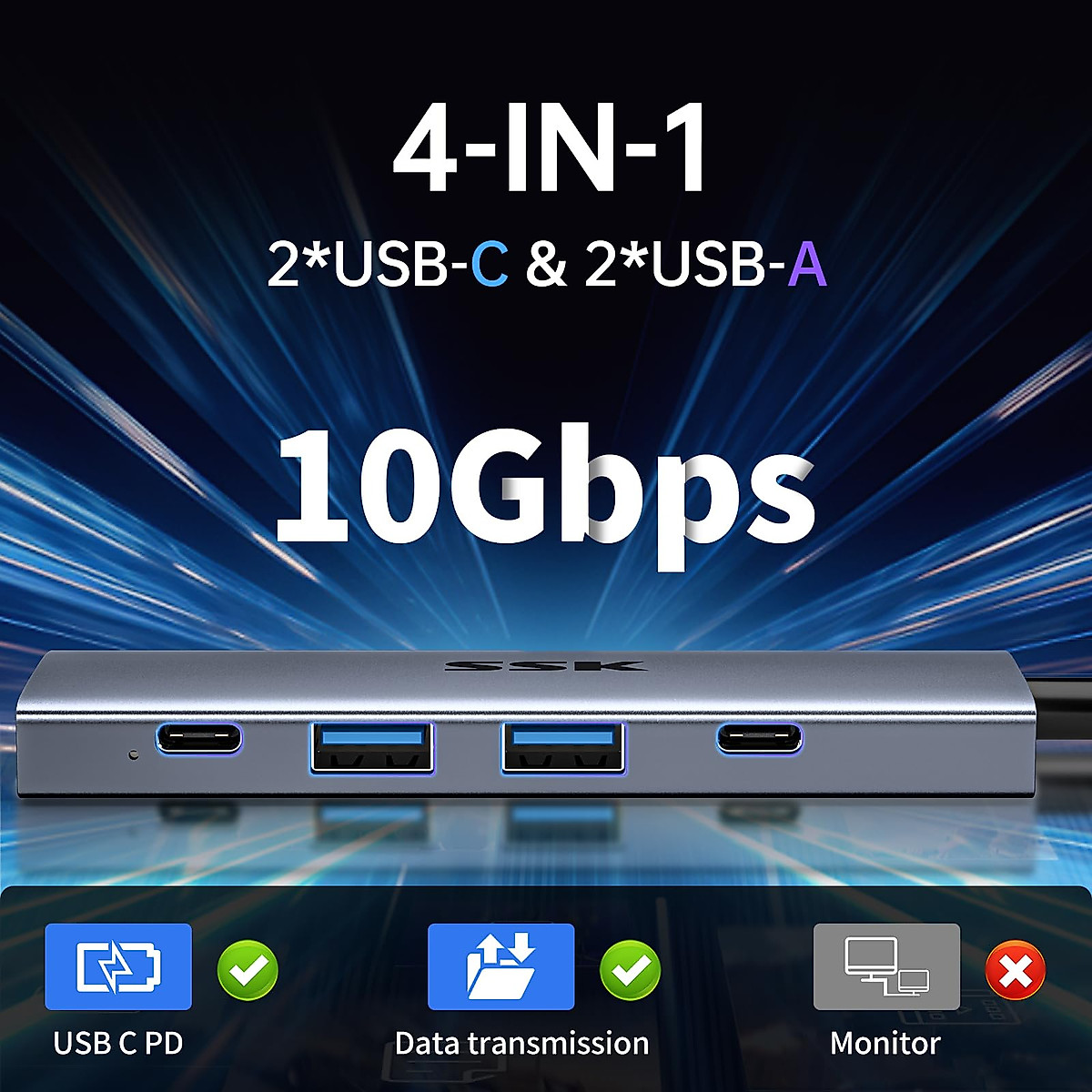 SSK USB C Hub - 10Gbps 4-in-1 Adapter with 100W PD
