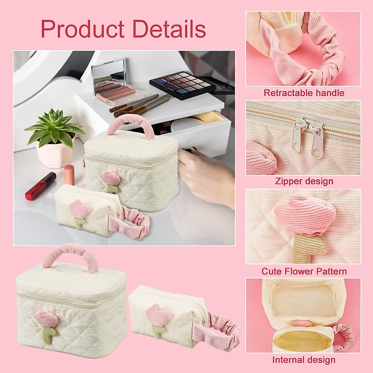 WADORN 2 Styles Portable Makeup Bag for Women, Corduroy Makeup Pouch Sets Travel Zipper Cosmetic Organizer Bag with Tulips Pattern Cute Quilted Cosmetic Pouch Toiletry Bag