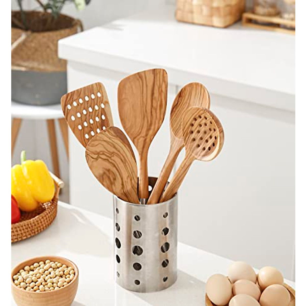 Olive Wooden Spoons for Cooking, NAYAHOSE 5 Pcs Cooking Utensils Set with Stainless Steel Handle, Heat-Resistant Olive Wood Spatulas for Non-Stick Pan