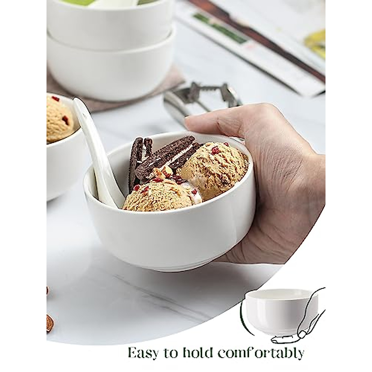 DOWAN 10 Ounces Porcelain Bowls Set, 6 Packs, Small Bowls, Ceramic White Bowls for Kitchen, Dessert Bowls for Ice Cream, Small Serving Bowls for Dipping, Rice, Prep, Side Dishes,Cereal,Microwave Safe