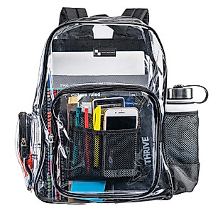Heavy Duty Clear Backpack with Mesh Organizer, Clear Bookbag (Large, Black)