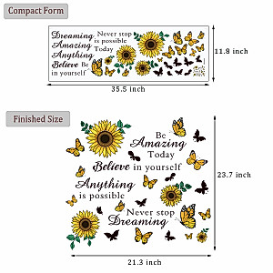 Inspirational Quote Wall Decals Sunflower Wall Stickers Removable Positive Saying Wall Lettering Stickers Peel and Stick for Classroom Home Bedroom Family Office Wall Art Decor