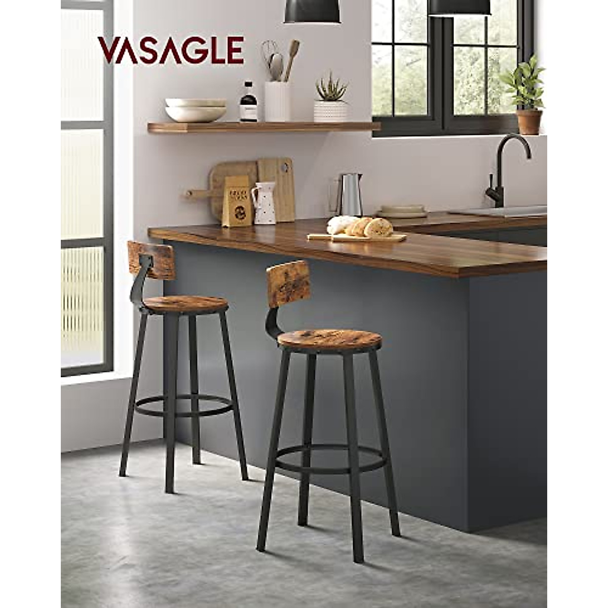VASAGLE Bar Stools Set of 2, Tall Bar Stools, Bar Height Stools, 28.7 Inch High Barstools with Back, Industrial, Metal Frame, Easy Assembly, Rustic Brown and Black ULBC026B01V1