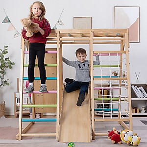 Avenlur Magnolia Indoor Playground 7-in-1 Jungle Gym Playset for Kids 2-6yrs - Slide, Climbing Wall, Rope Wall Climber, Monkey Bars, Swing - Waldorf and Montessori Style Wooden Climb Set. USA Company.