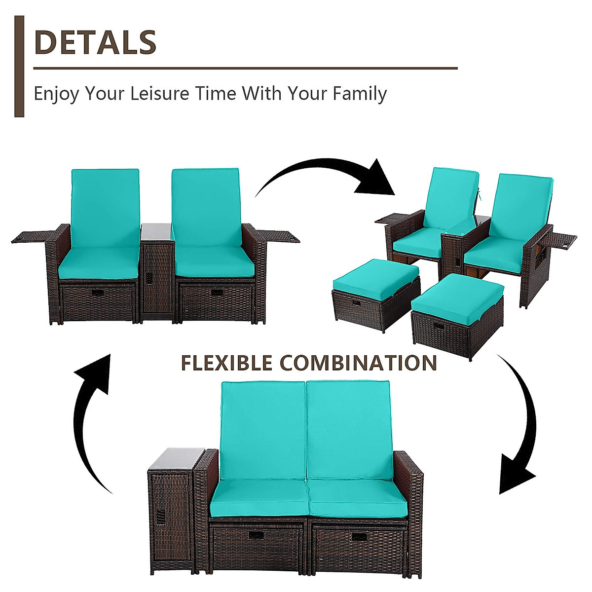 VUYUYU 5PCS Patio Wicker Furniture Set - Outdoor PE Rattan Loveseat Sofa with Adjustable Backrest, Coffee Table, Ottoman - Patio Lounge Chair for Garden, Beach, Poolside, Balcony, Backyard, Deck