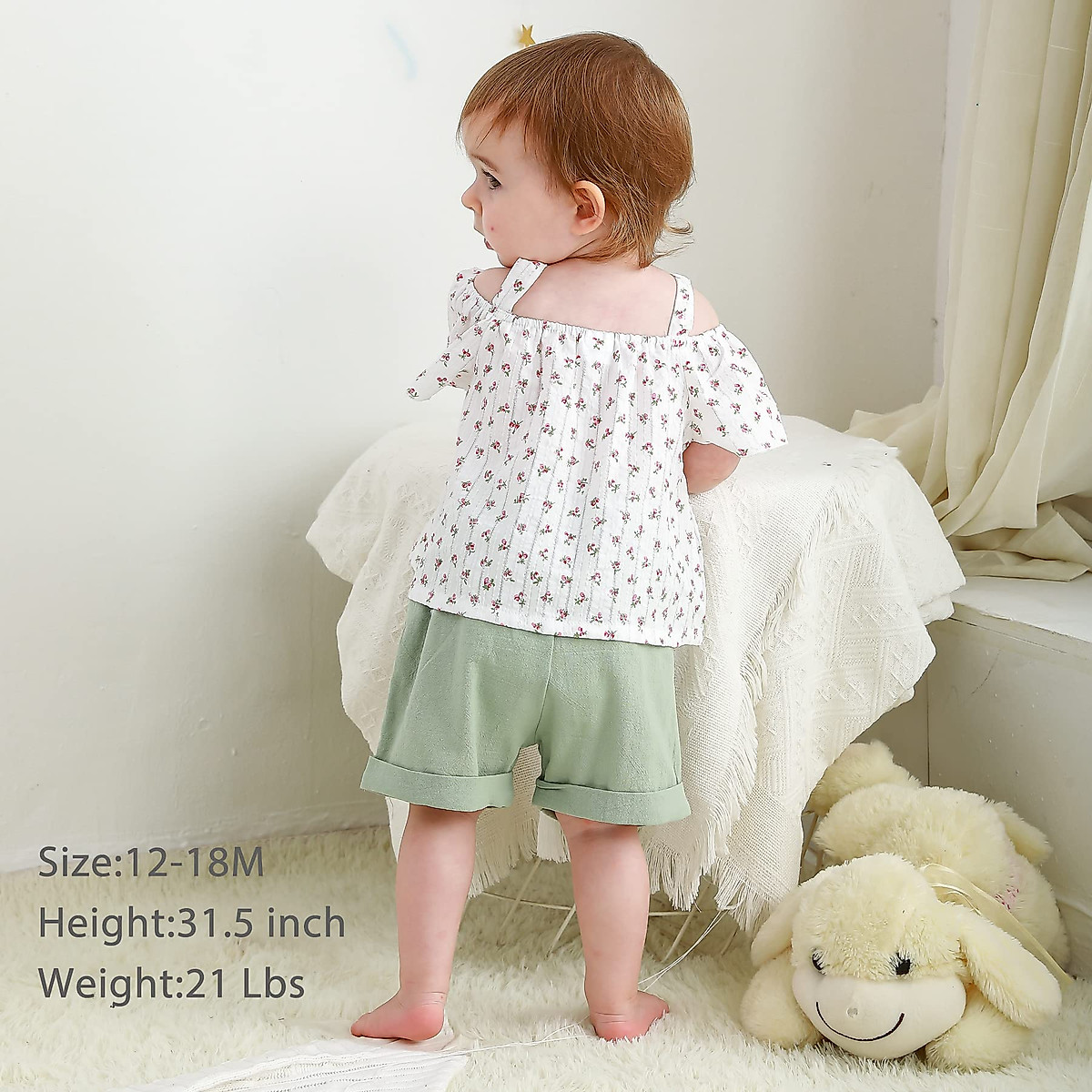 JEELLIGULAR Toddler Baby Girl Clothes Off Shoulder Loose Floral Top Shirt Solid Casual Shorts Set Cute Summer Outfits (Green Flower, 12-18 Months)