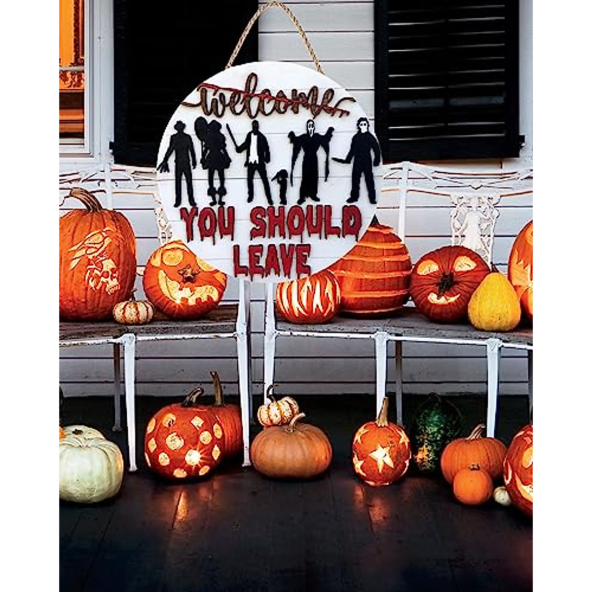 3D Horror Welcome Sign for Front Door Halloween Horror Classic Movie Character Welcome Wooden Door Sign Hanging Decoration,Halloween Wreath for Home Party Indoor Outdoor Porch Wall Decor