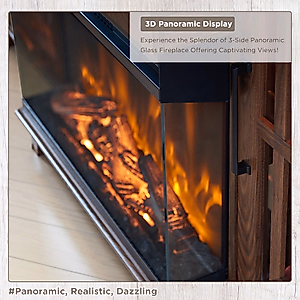 JXQTLINGMU 3-Sided Glass Fireplace TV Stand for 75 Inch TV, Large Farmhouse Media Console with LED Light, Highboy Entertainment Center with 3 Side Cutouts Glass Doors for Living Room, Antique Brown