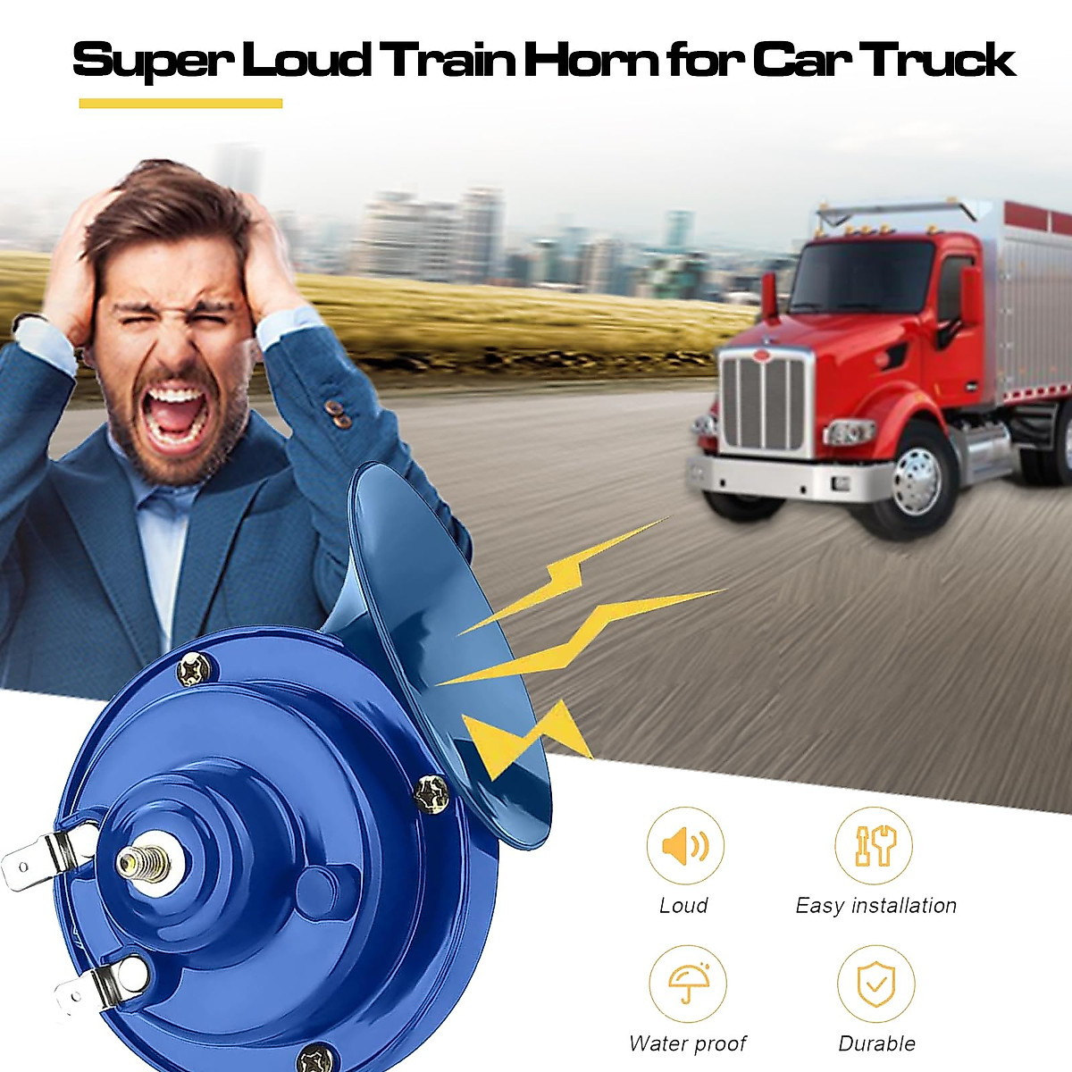 GKmow Pack-2 300DB Super Loud Train Horn, 12V Security Alarm Waterproof Speaker, Car Air Electric Snail Double Horn Replacement Kit, Fits for Most Cars Motorcycle, Truck, Bike (Blue)