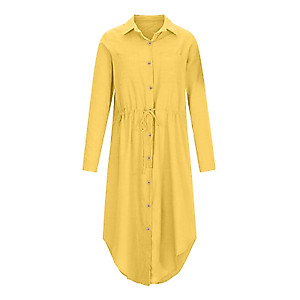 Ceboyel Linen Shirt Dresses for Women Button Down Drawstring Causal Dress Plain Long Maxi Dresses Trendy Ladies Outfits 2023 Plus Size Summer Dresses Yellow L