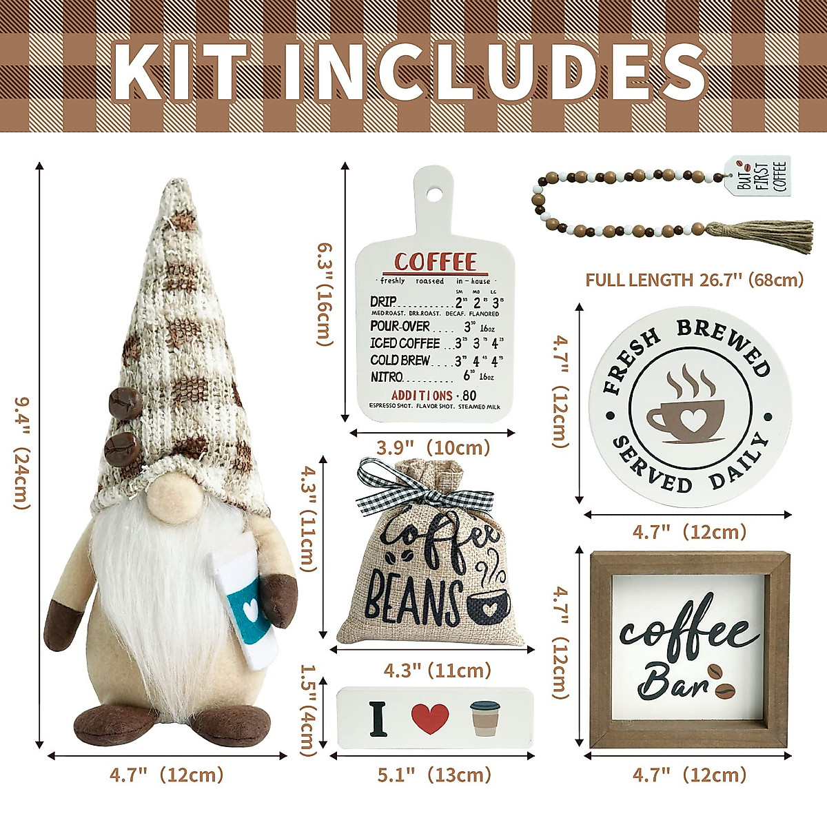 Coffee Bar Decor, 7PCS Farmhouse Coffee Gnome Tiered Tray Decor, Coffee Signs for Coffee Bar deocr, Coffee Bar Accessories Kitchen Table Decoration