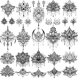 EGMBGM 15 Sheets Sexy Black Lotus Temporary Tattoos For Women Wedding Brides, Tribal Fake Jewelry Pendant Lace Moon Moth Flowers Temp Tattoos Temporary Sticker For Girls Arm Neck Hands Tatoos Jewels