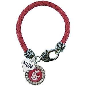 Holly Road Washington State Cougars Red Crystal Leather Bracelet with MOM Charm Jewelry WSU