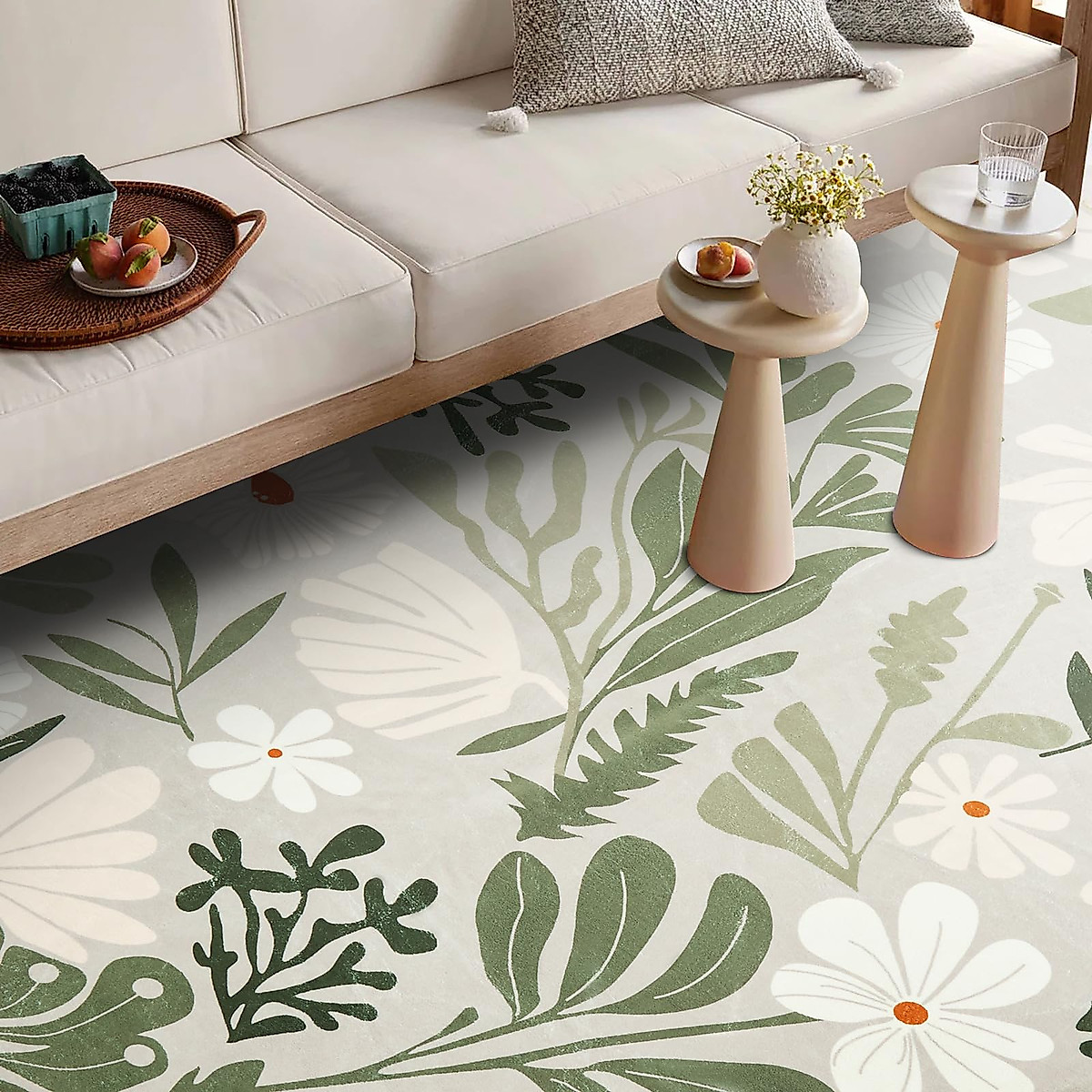 RoomTalks Cute Funky Bedroom Rugs Aesthetic Decor, 4x6 Washable Area Rug Non Slip Sage Green Boho Floral Botanical Rug Modern Abstract Throw Rug Accent Carpet for Living Room Kitchen Entryway Dorm